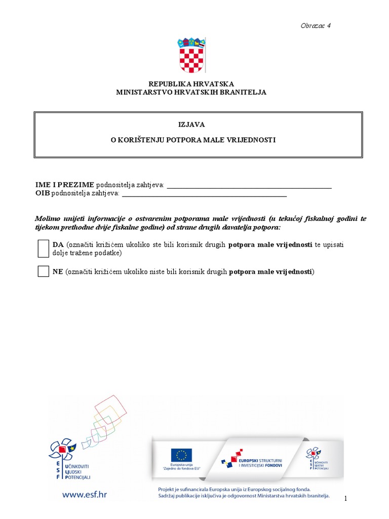 Izjava o Korištenju Potpora Male Vrijednosti (Obrazac 4 ...