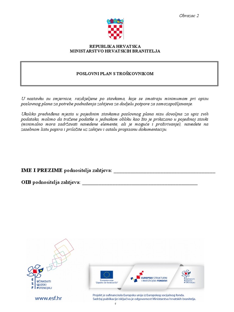 Poslovni Plan S Troškovnikom (Obrazac 2) - Samozapošljavanje - EU | PDF