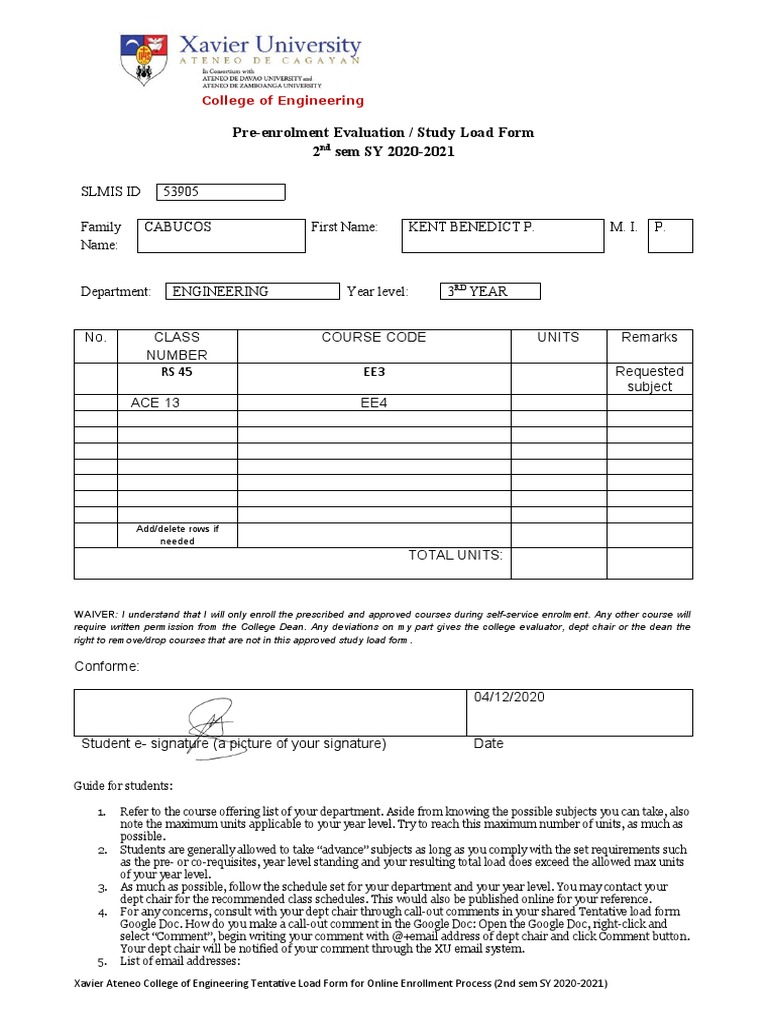 Pre-Enrolment Evaluation / Study Load Form 2 Sem SY 2020-2021 | PDF ...