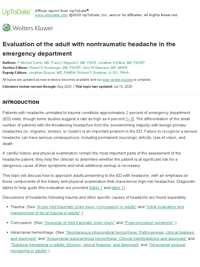 Evaluation of The Adult With Nontraumatic Headache in The Emergency ...