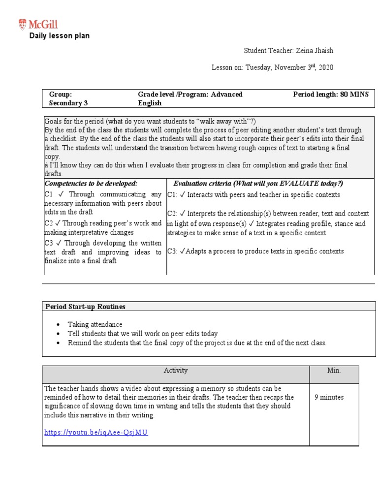 Daily Lesson Plan: Competencies To Be Developed | PDF | Lesson Plan ...