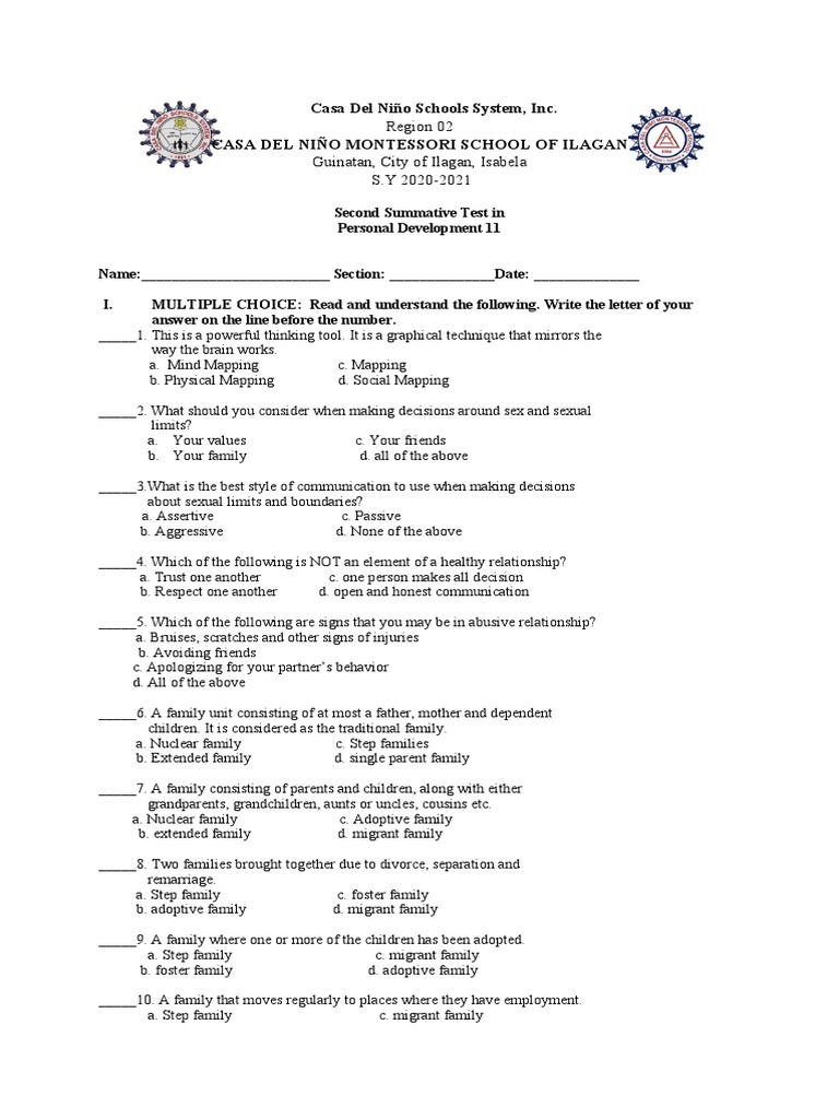 Grade 11 Personal Development Exam 2nd Qtr | PDF | Family | Behavioural ...