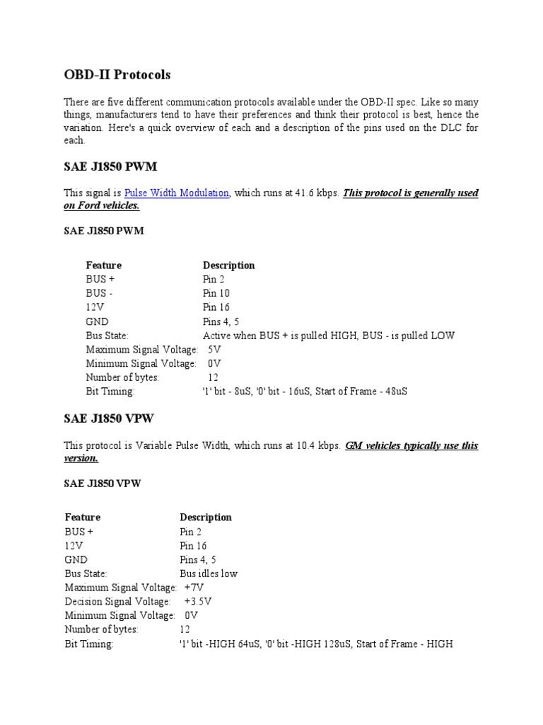 An Overview of the Five OBD-II Communication Protocols: SAE J1850 PWM ...