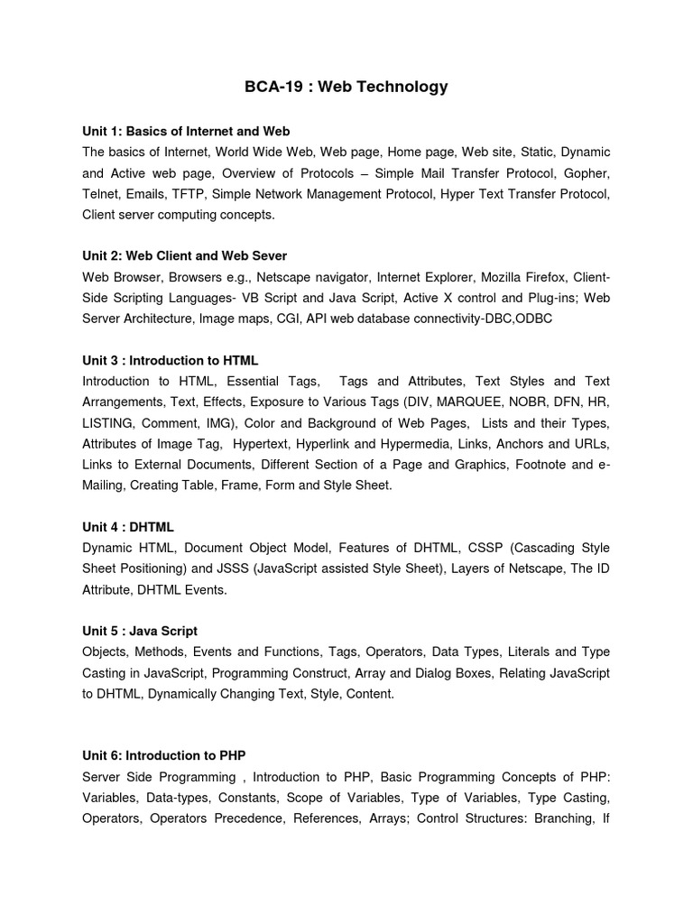 BCA-19: Web Technology: Unit 1: Basics of Internet and Web | PDF | Dynamic Html | World Wide Web