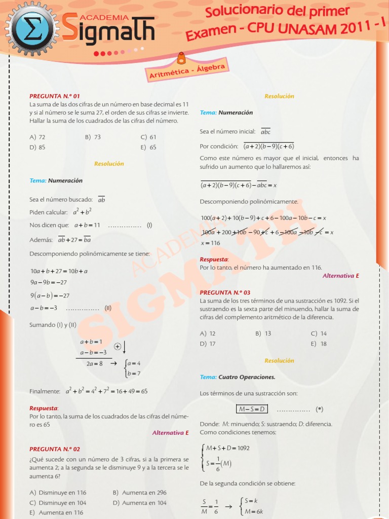 Solucionario 1er Examen ARITMETICA - ALGEBRA - CPU UNASAM 2011 | PDF ... Solucionario 1er Examen ARITMETICA - ALGEBRA - CPU UNASAM 2011 | PDF ...
