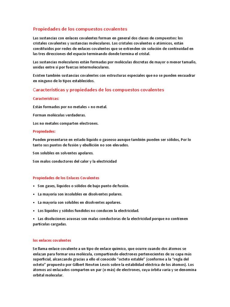 Propiedades de Los Compuestos Covalentes | PDF | Enlace covalente ...