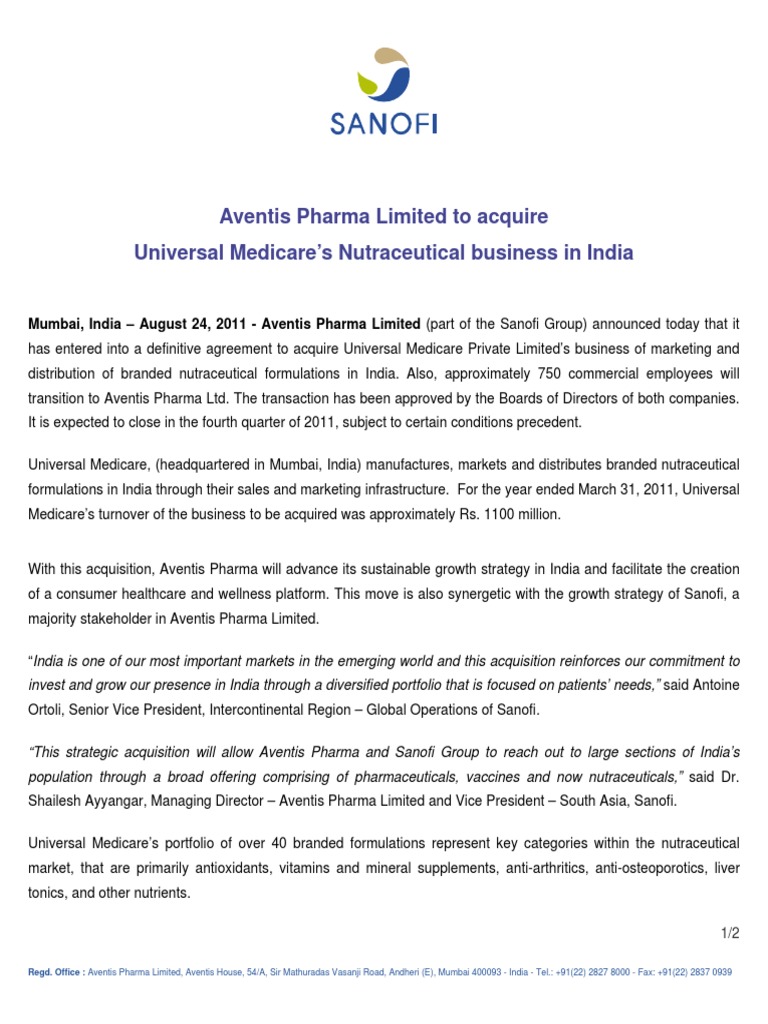 Aventis Pharma Limited To Acquire Universal Medicares Nutraceutical Business in India | PDF ...