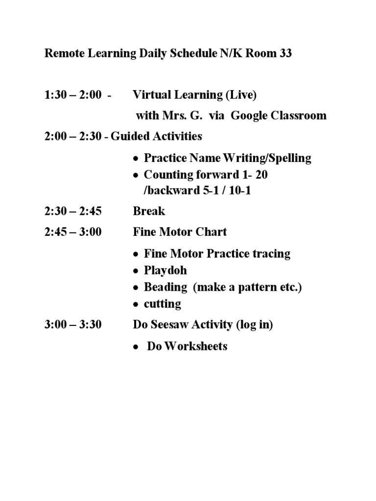 Daily Schedule Remote Learning | PDF