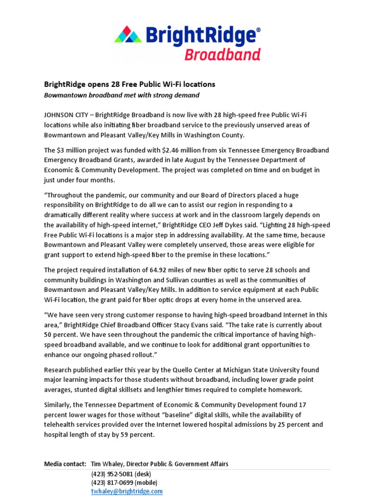 BrightRidge Opens 28 Free Public Wi-Fi Locations FINAL | PDF | Internet ...