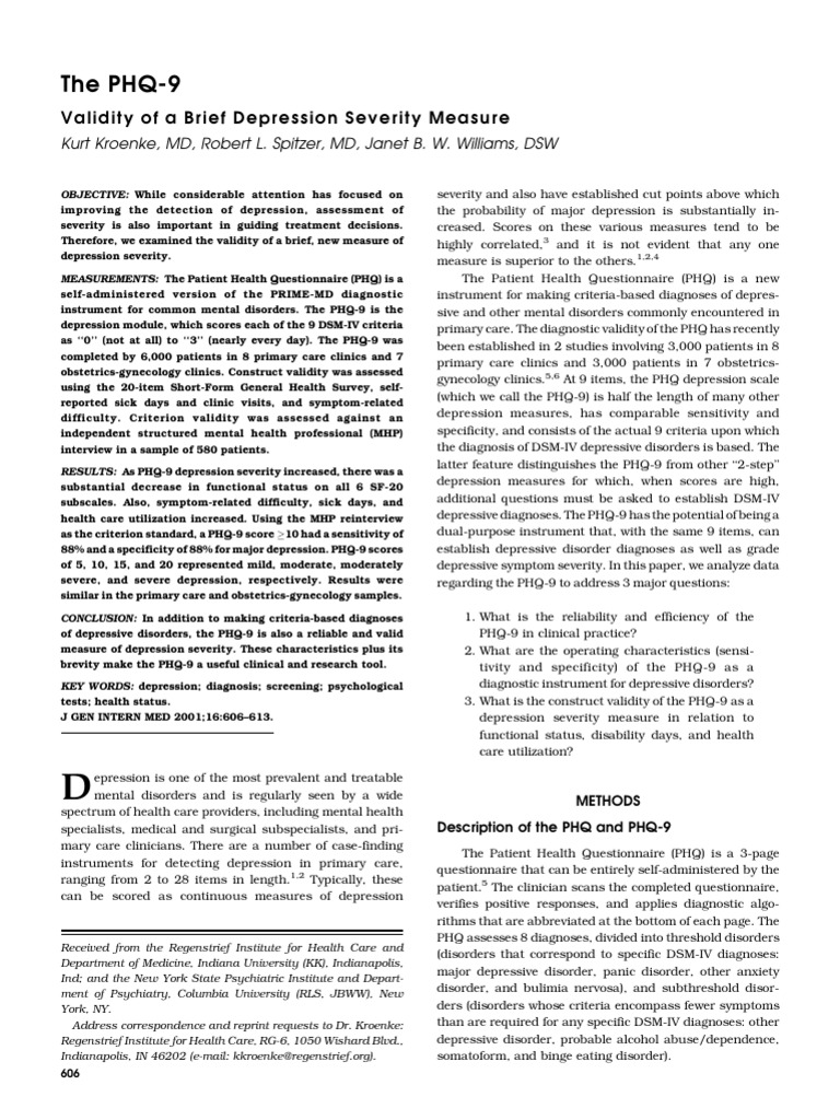 The PHQ-9: Validity of A Brief Depression Severity Measure | PDF ...