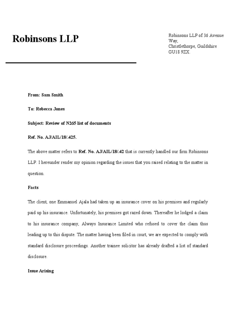 Robinsons LLP: From: Sam Smith To: Rebecca Jones Subject: Review of ...