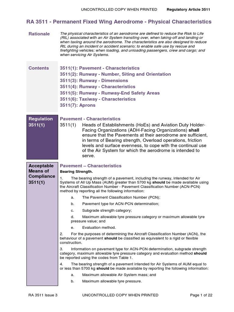 RA 3511 - Permanent Fixed Wing Aerodrome - Physical Characteristics ...