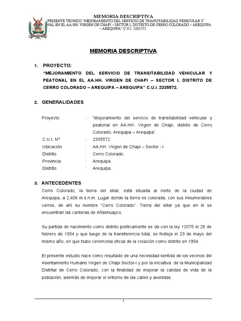 Memoria Descriptiva Virgen de Chapi | PDF | Clima | Transporte por carretera