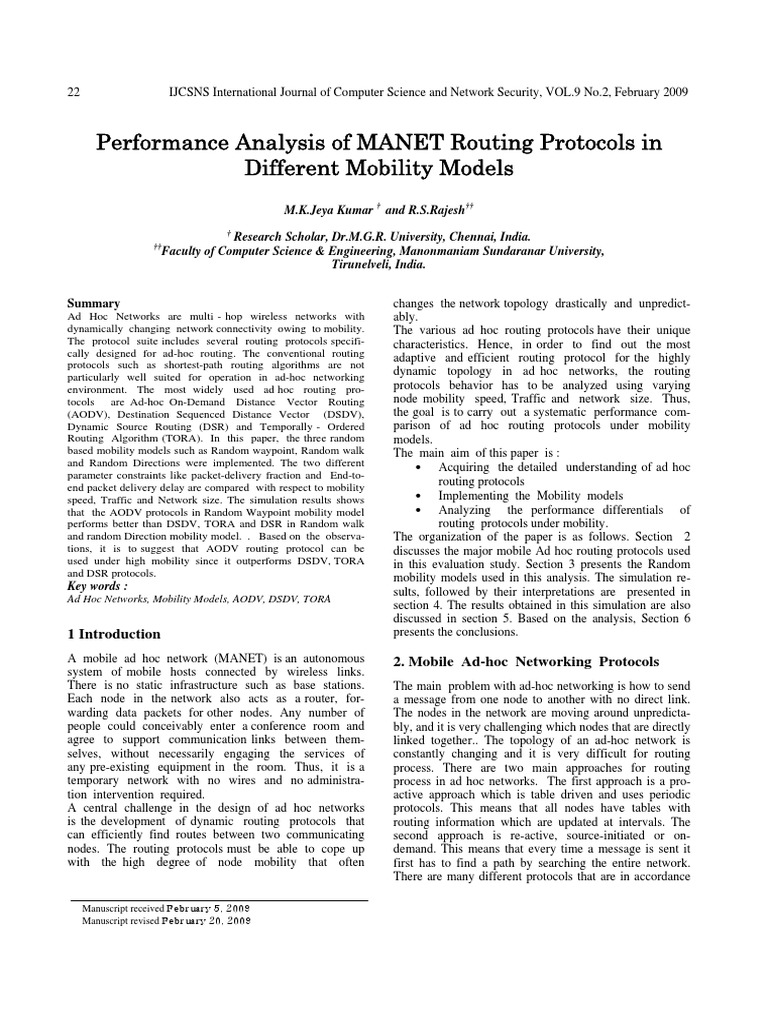 Performance Analysis Of Manet Routing Protocols In Different Mobility Models Pdf Wireless Ad