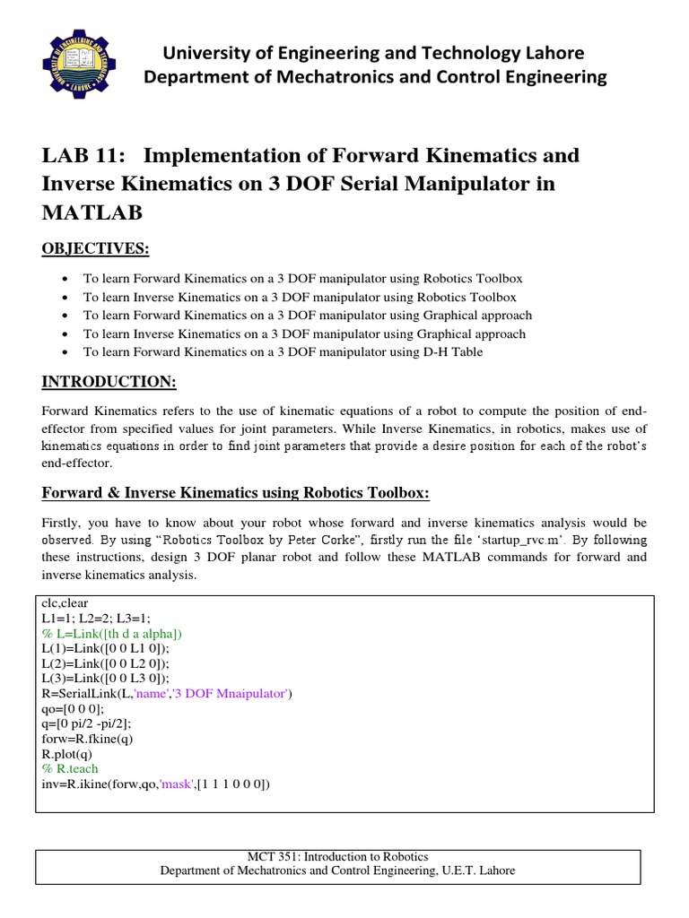 LAB 11: Implementation of Forward Kinematics and Inverse Kinematics On ...