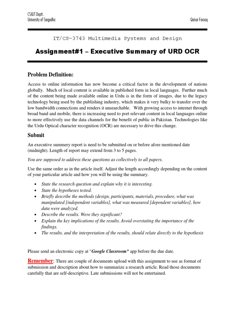 Assignment#1 - Executive Summary of URD OCR: IT/CS-3743 Multimedia ...
