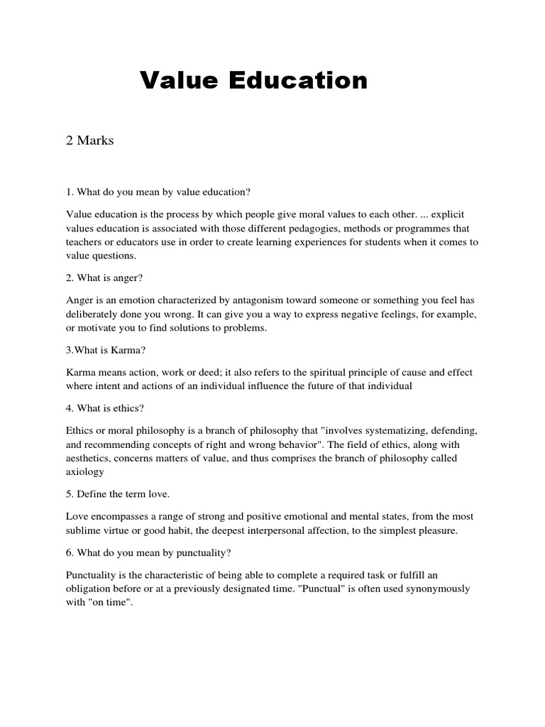 Value Education 2 Marks | PDF | Value (Ethics) | Family