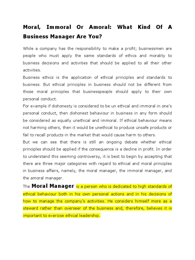 Moral and Immoral Management | PDF | Morality | Philosophical Theories