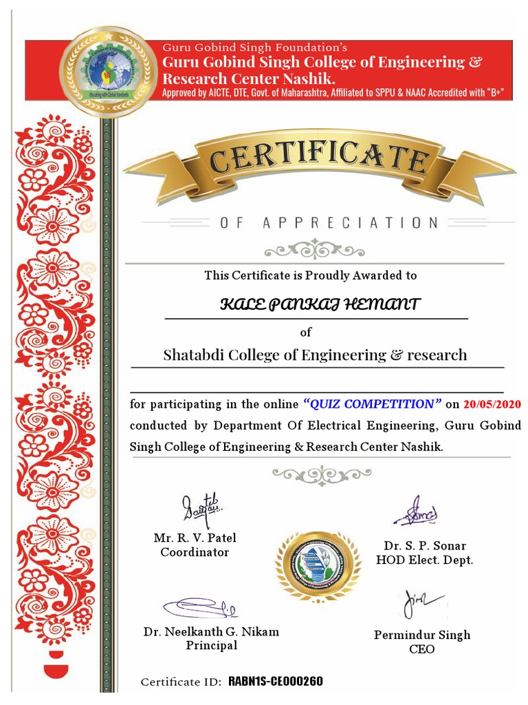 Certificate of Participation in Online Quiz Competition for Kale Pankaj ...