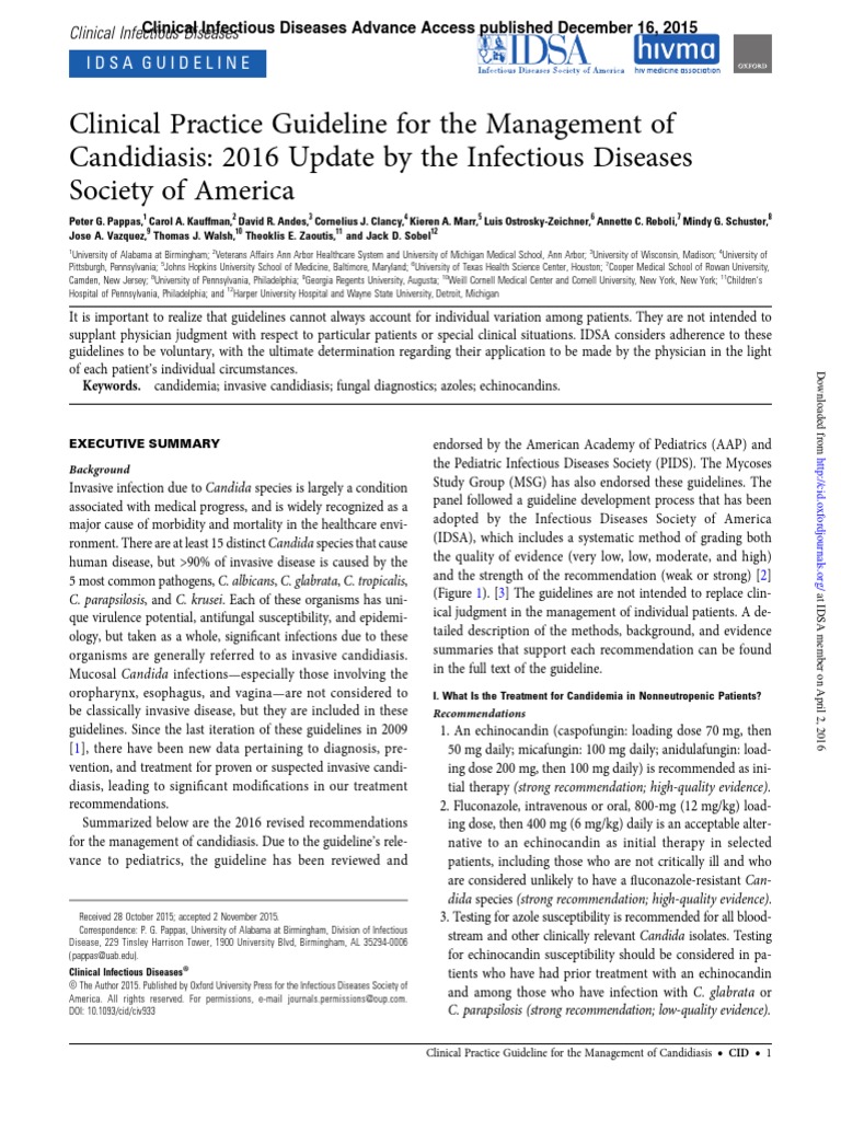 Clinical Practice Guideline For The Management of Candidiasis: 2016 Update by The Infectious ...