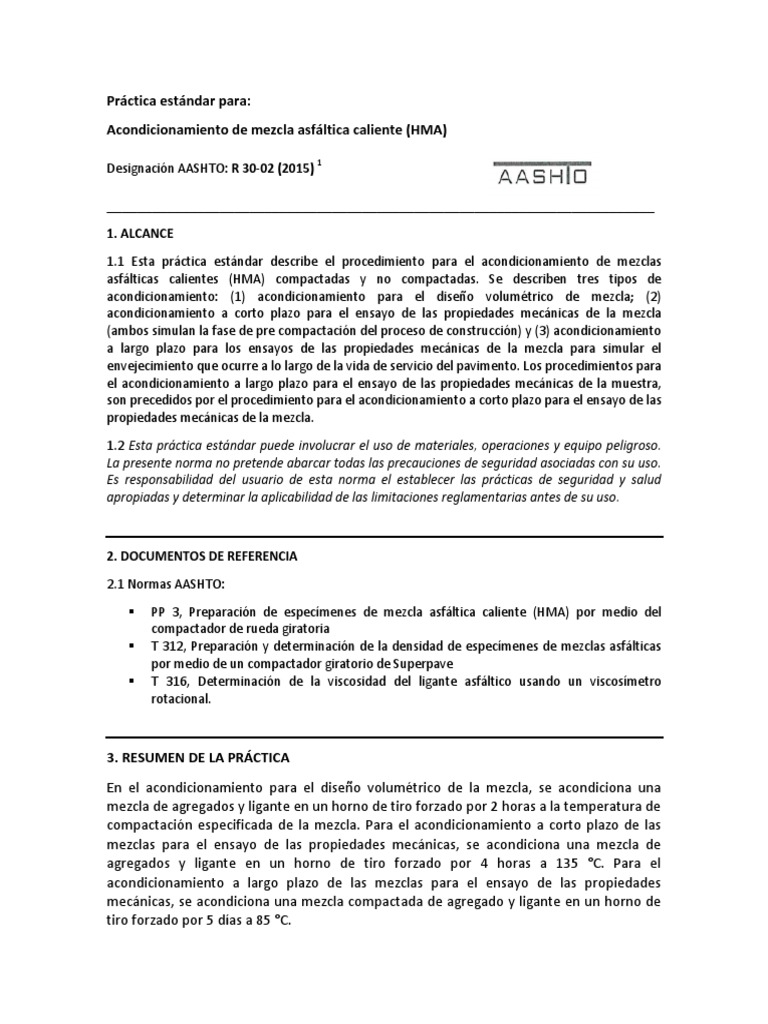AASHTO R30 - Acondicionamiento de Mezcla Asfáltica Caliente | PDF ...