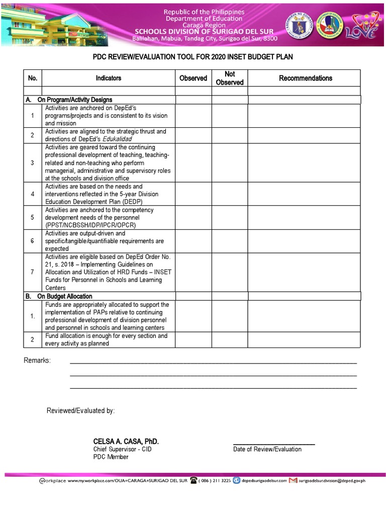 PDC Evaluation Tool For INSET Plan | PDF