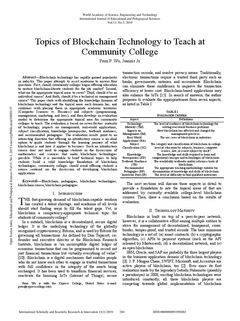 Topics of Blockchain Technology To Teach at Community College | PDF ...