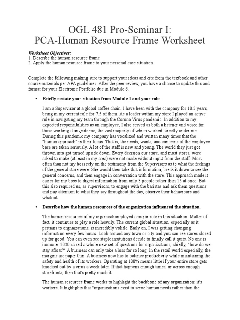 OGL 481 Pro-Seminar I: PCA-Human Resource Frame Worksheet | Download ...