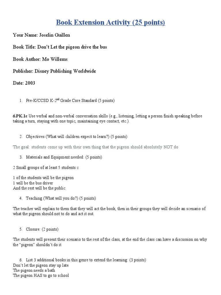 Pigeon Book Activity for Pre-K Students | PDF