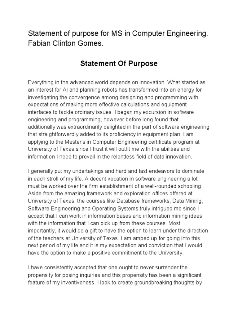 Statement of Purpose For MS in Computer Engineering | PDF | Engineering ...