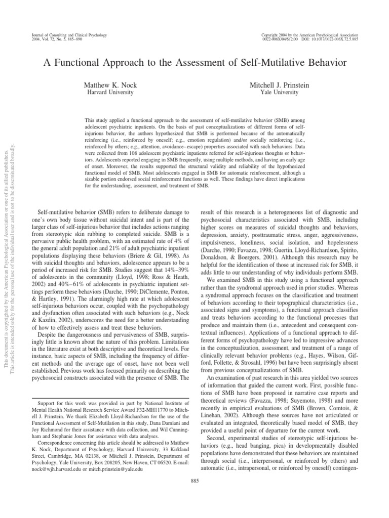 A Functional Approach To The Assessment of Self-Mutilative Behavior ...