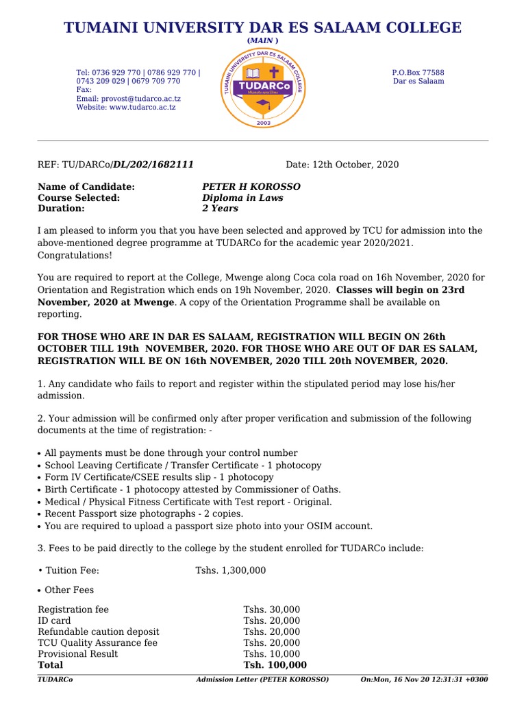 TUDARCo Admission Letter for Peter Korosso | PDF | Fee | Government