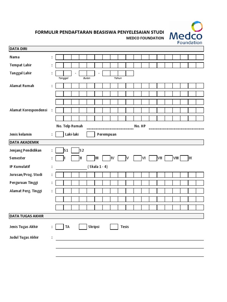 Formulir Pendaftara Beasiswa Penyelesaian Studi | PDF