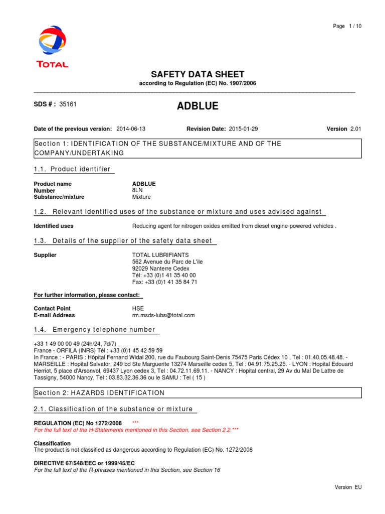 Adblue: Safety Data Sheet | PDF | Personal Protective Equipment | Toxicity