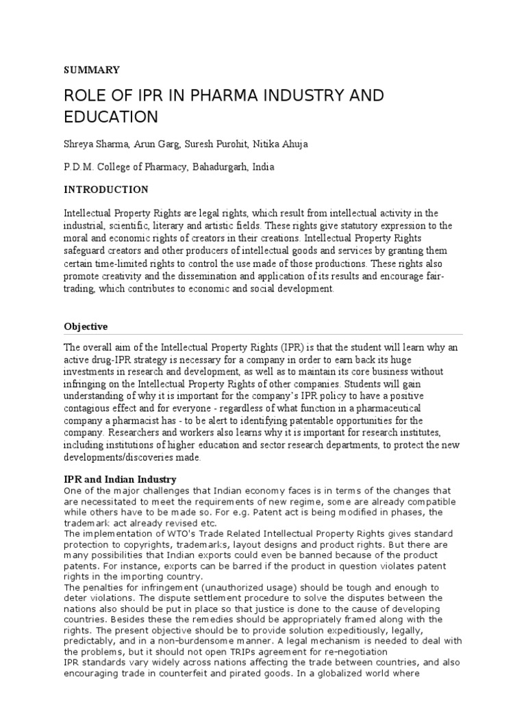 Role of Ipr in Pharma Industry and Education | PDF | Intellectual ...
