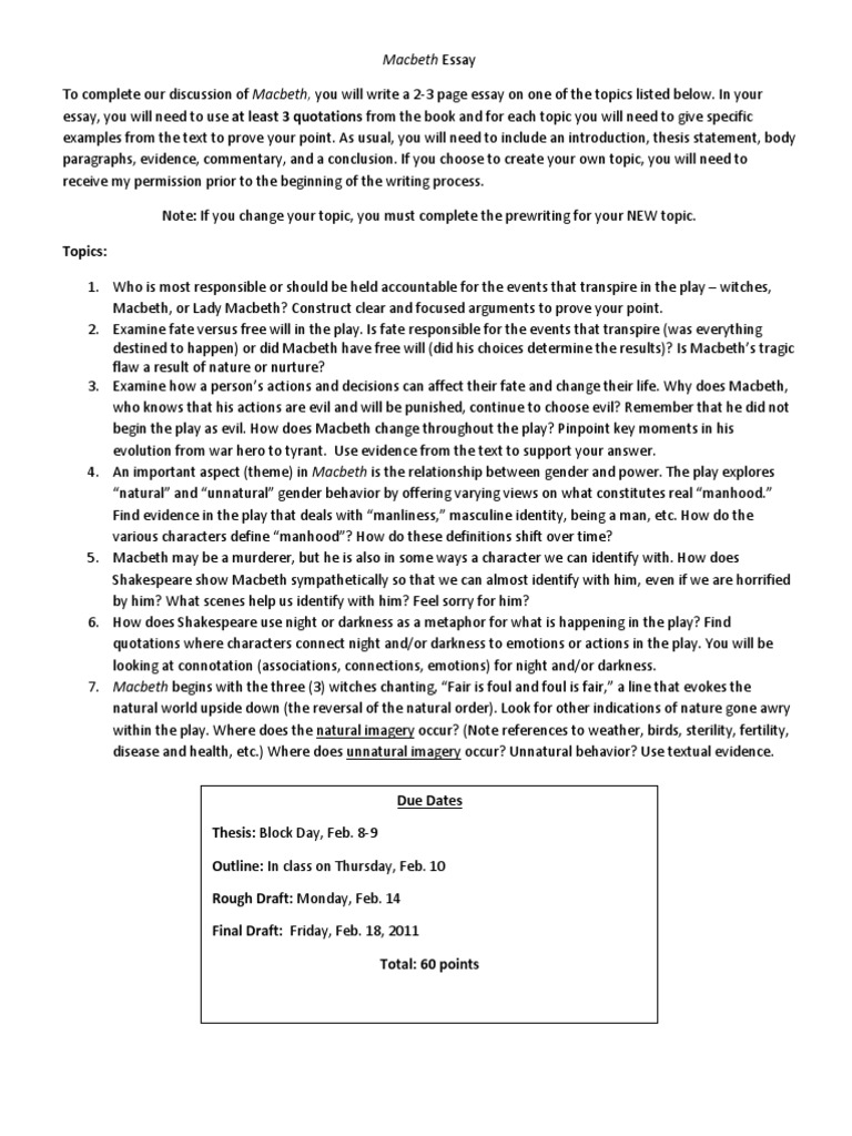 Macbeth essay topics | PDF | Macbeth | Essays