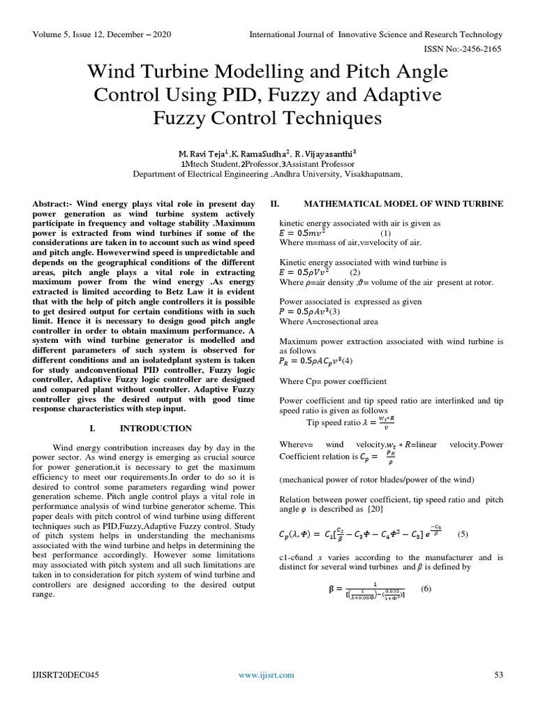 Wind Turbine Modelling and Pitch Angle Control Using PID, Fuzzy and Adaptive Fuzzy Control ...