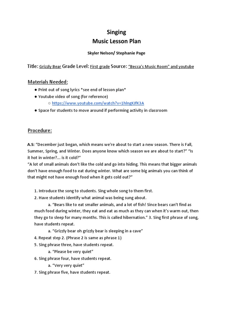 First Grade Music Lesson: Grizzly Bear | PDF | Entertainment (General)