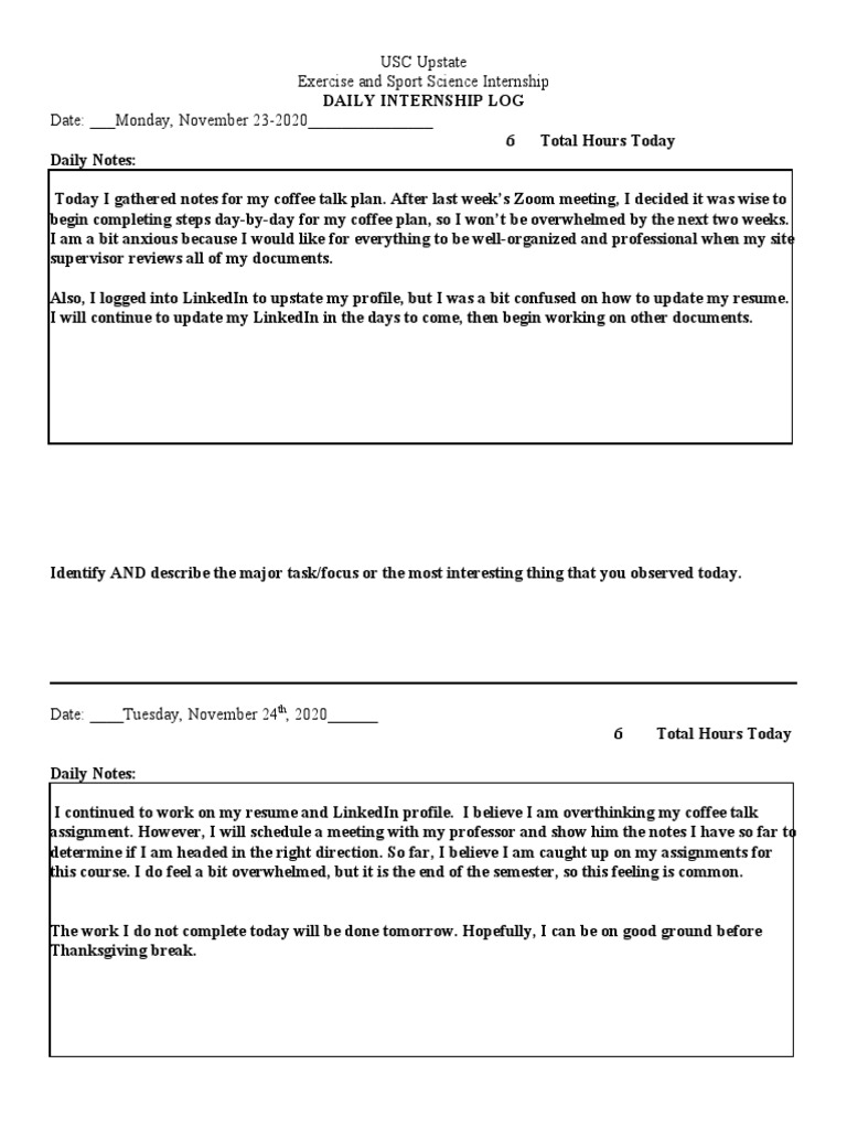 USC Upstate Internship Daily Log | PDF