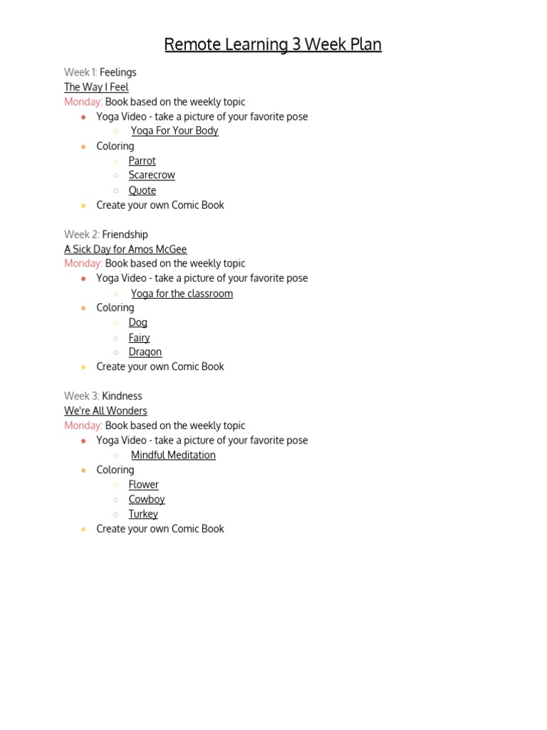 Remote Learning 3 Week Plan | PDF