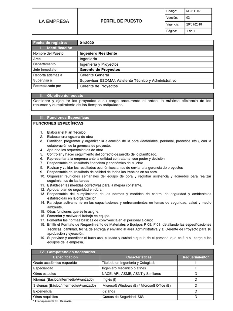 Perfil de Puesto Ingeniero Residente | PDF | Business | Fabricación e ingeniería