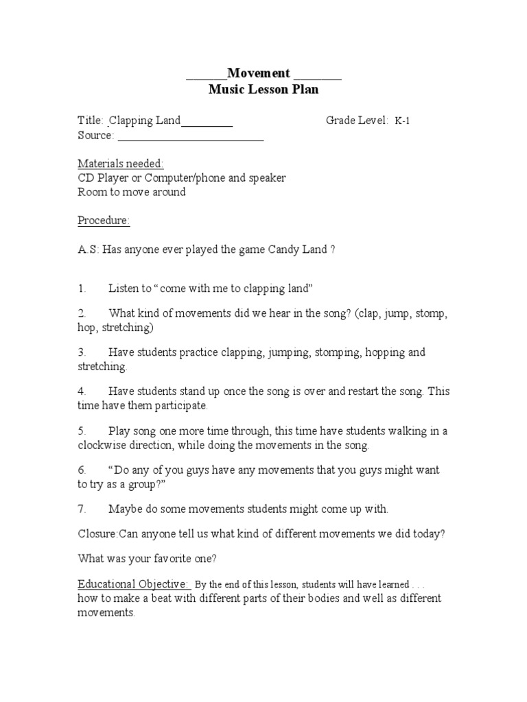 Clapping Land - Movement Lesson Plan | PDF | Neuropsychological ...