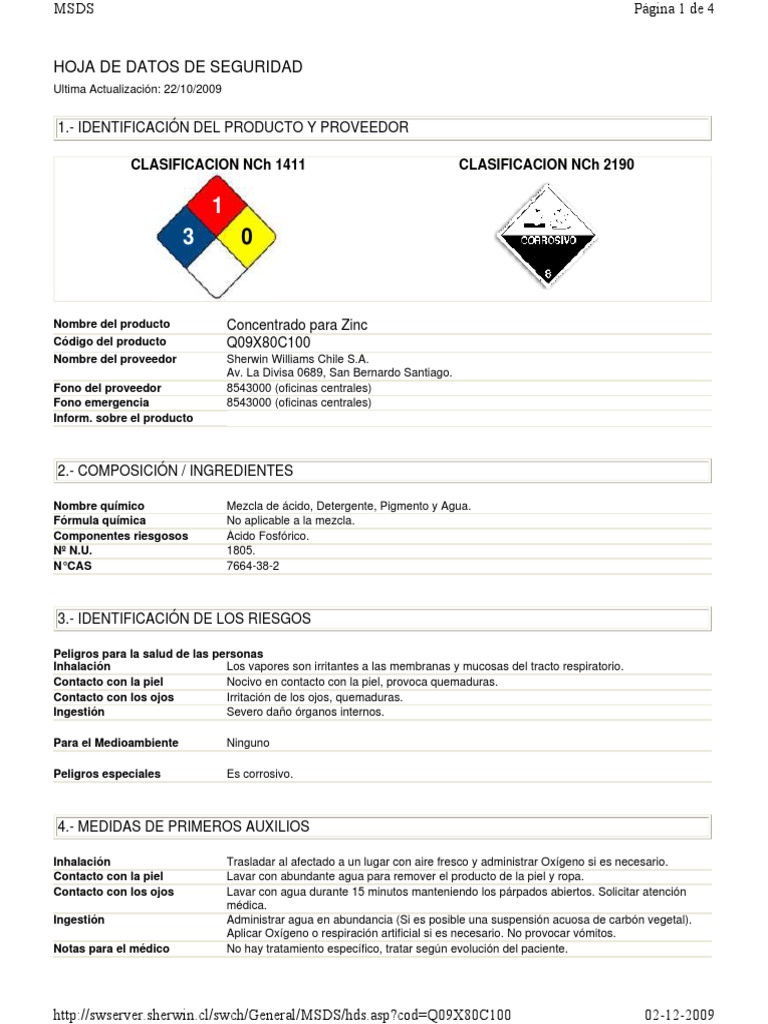 MSDS Concentrado para Zinc | PDF