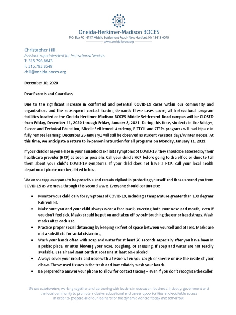 Parent - Guardian Letter 12-10-2020 | PDF | Health Care | Health Sciences