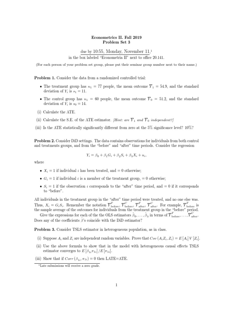 Econometrics Problem Set 3: Analyzing Data from Randomized Controlled Trials, Difference-in ...