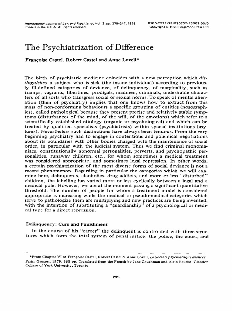 The Psychiatrization of Difference: Frangoise Castel, Robert Caste1 and ...