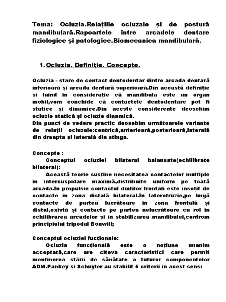 Tema: Ocluzia - Relațiile Ocluzale Și de Postură Mandibulară ...