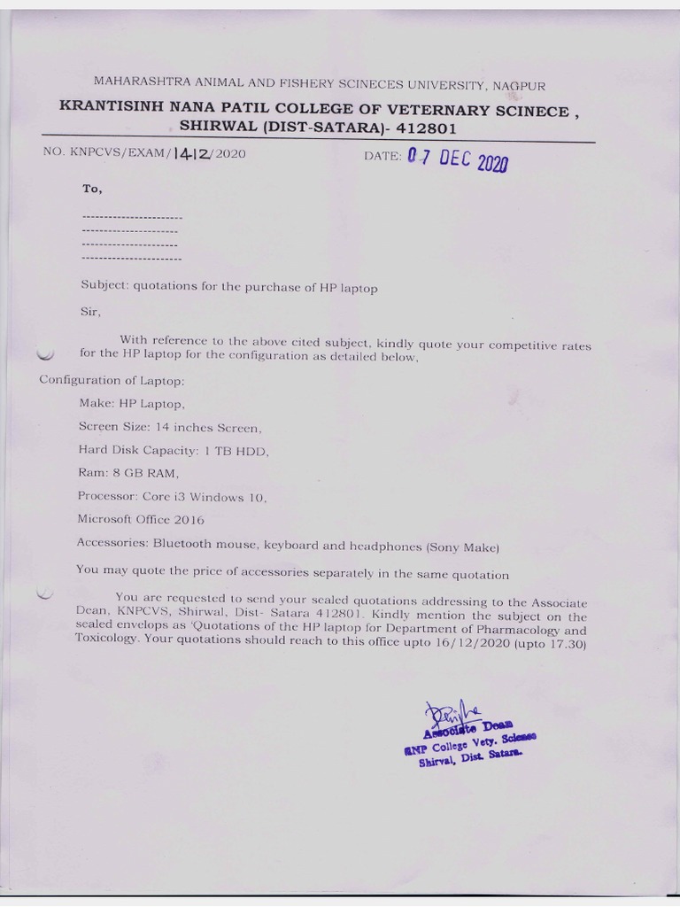 Quotation Invited For Purchase of HP Laptop | PDF