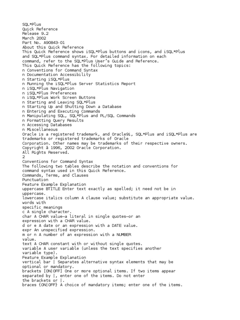 Sql Quick Reference Pdf Oracle Database Parameter Computer Programming 0010