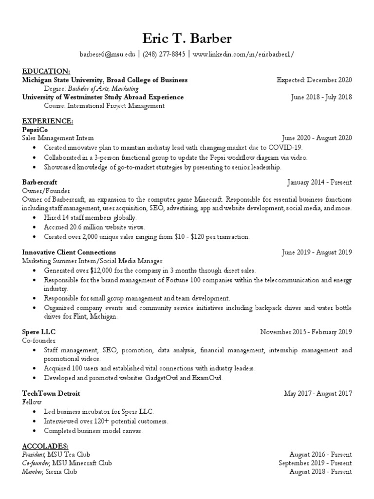 Barber Resume | PDF | Pepsi Co | Michigan State University